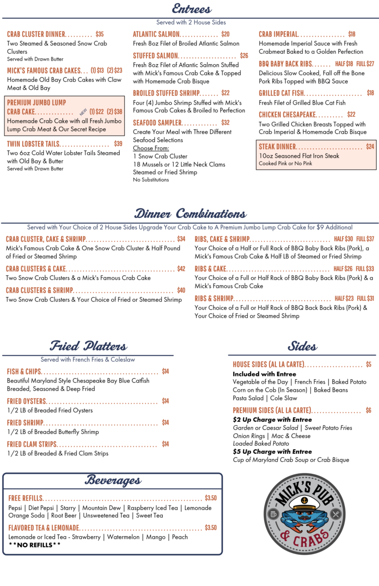 Dinner Menu – Mick's Pub & Crabs